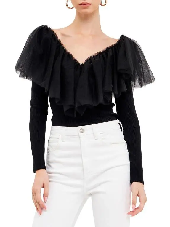Endless Rose Ruffle Mesh Mixed Media Top - Black