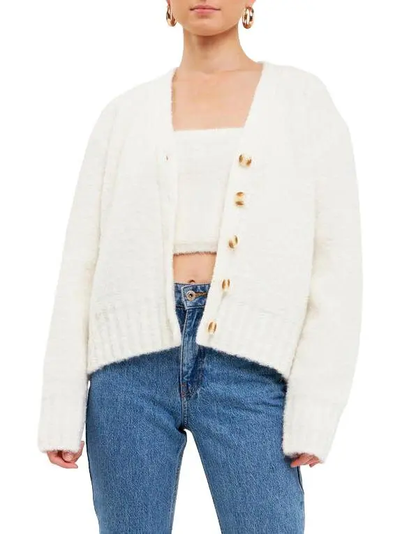 English Factory Fuzzy V-neck Cardigan - Cream