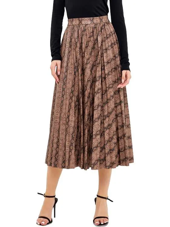 Endless Rose Snakeskin Pleated Midi Skirt - Tan