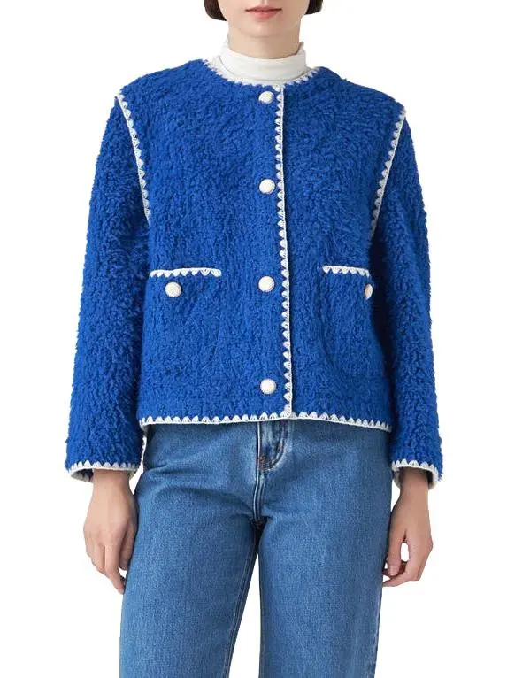 English Factory Contrast Trim Faux Shearling Jacket - Blue/ White