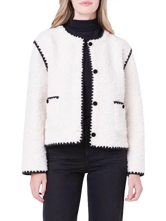 English Factory Contrast Trim Faux Shearling Jacket - Ivory/black