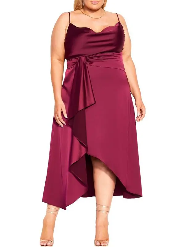 City Chic Satin Cowl Neck Midi Dress - Garnet