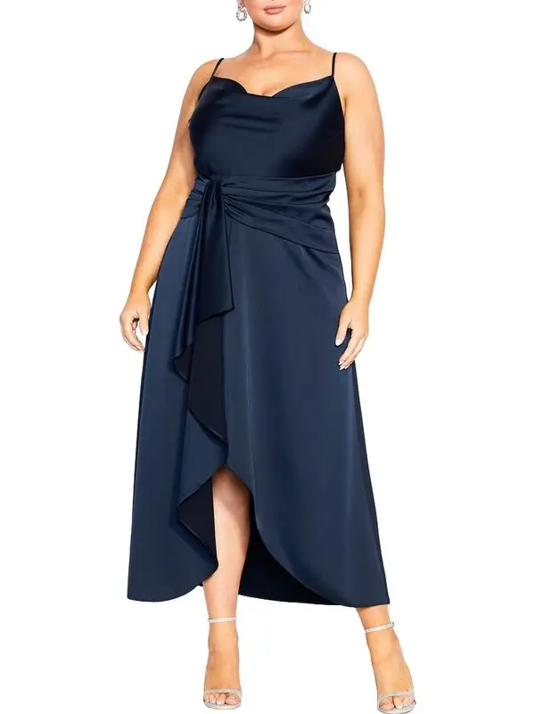 City Chic Satin Cowl Neck Midi Dress - Navy