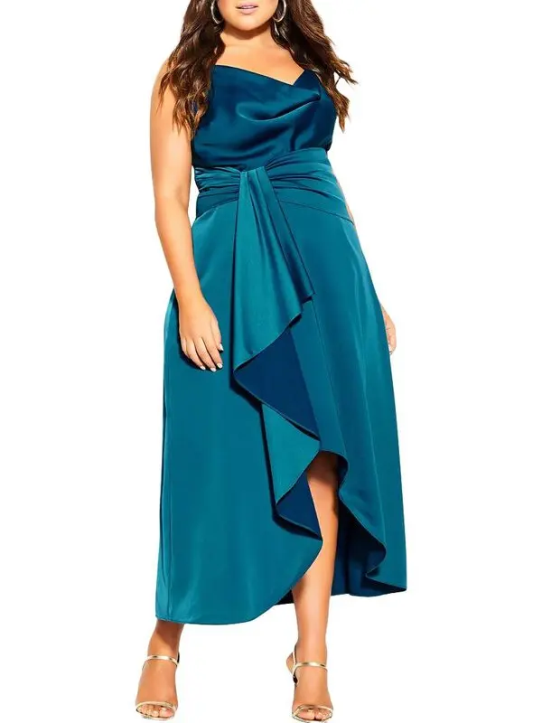 City Chic Satin Cowl Neck Midi Dress - Viridian