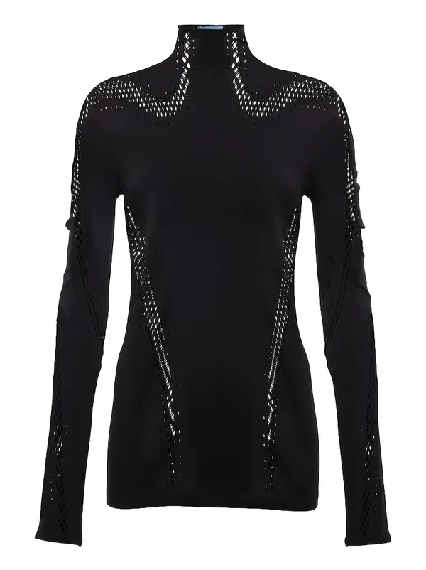 MUGLER Open-knit High-neck Top - Black