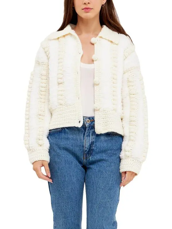 English Factory Mixed Yarn Pompom Cardigan - Ivory