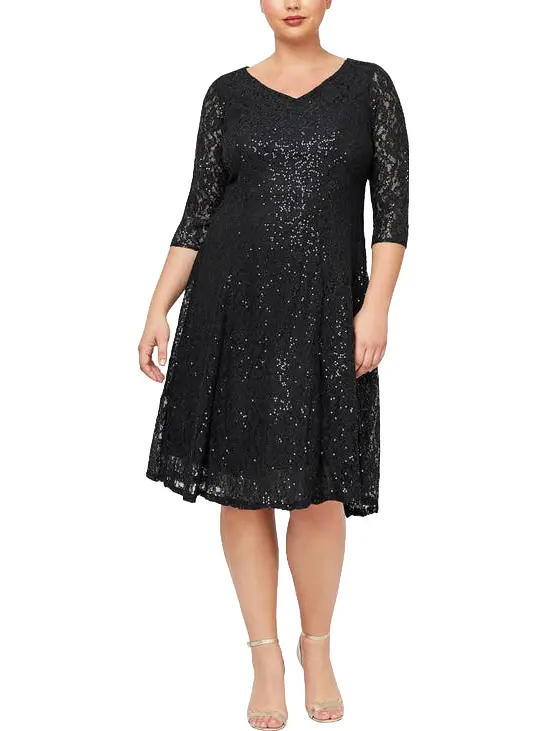 SLNY Lace Fit & Flare Dress - Black
