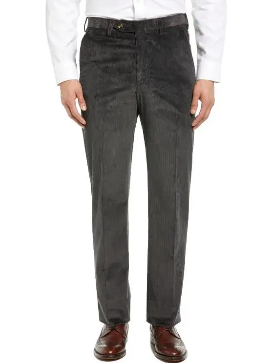 Berle Luxury Italian Corduroy Flat Front Trousers - Charcoal