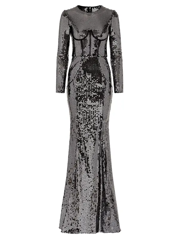 Dolce & Gabbana Long Sequined Dress With Corset Detailing - Grey