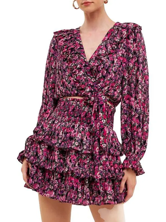 Endless Rose Floral Ruffle Wrap Top - Black/fuchsia