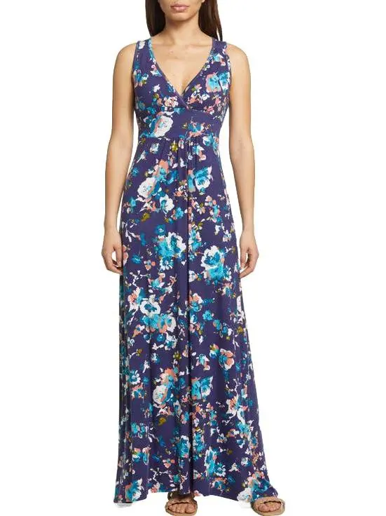 Loveappella Floral Print Sleeveless Maxi Dress - Navy