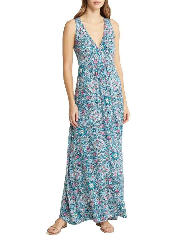 Loveappella Floral Paisley Print Sleeveless Jersey Maxi Dress - Teal