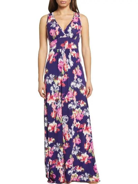 Loveappella Abstract Floral Print Sleeveless Maxi Dress - Eggplant