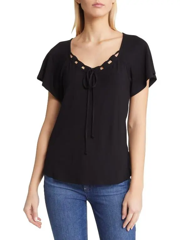 Loveappella Tie Neck Flutter Sleeve Top - Black
