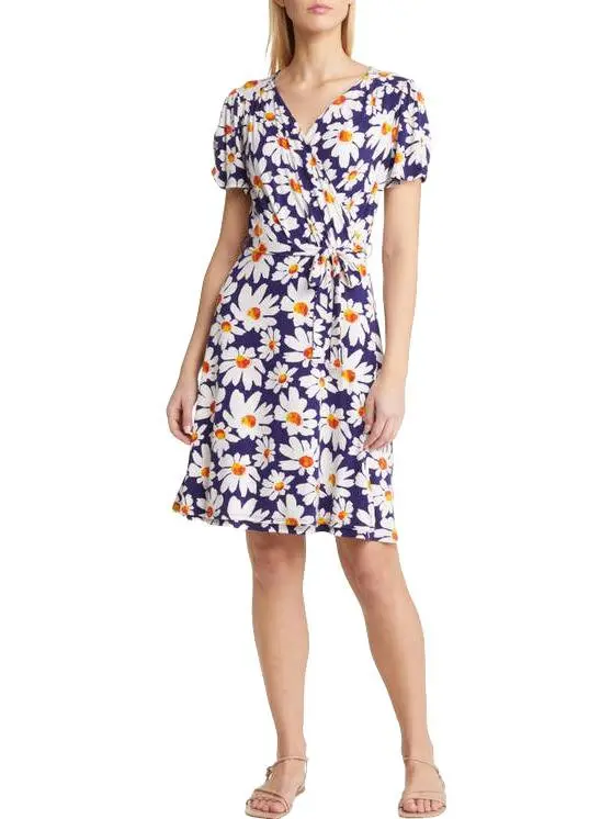 Loveappella Floral Faux Wrap Knit Dress - Navy/ivory