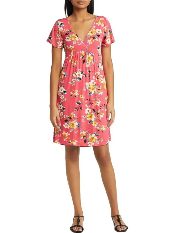 Loveappella Floral Tie Back Surplice V-neck Minidress - Coral