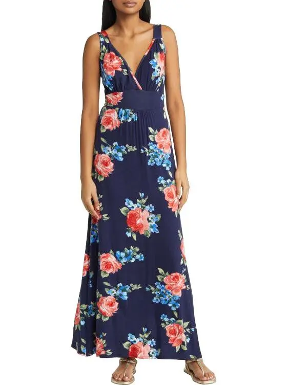 Loveappella Floral Surplice V-neck Knit Maxi Dress - Navy/red