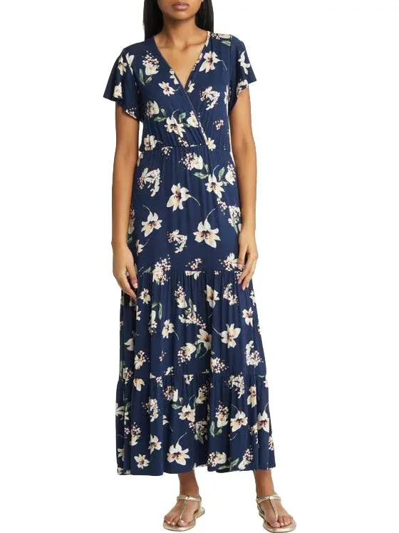 Loveappella Floral Tiered Faux Wrap Knit Maxi Dress - Navy