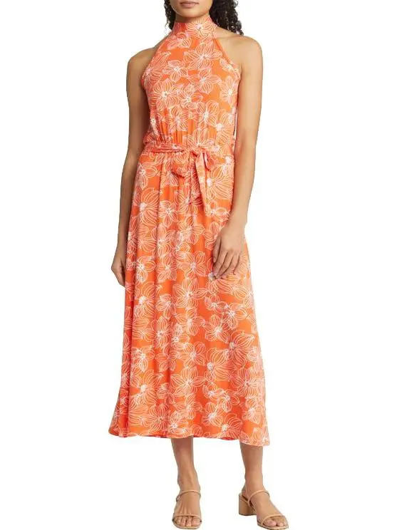 Loveappella Floral Tie Waist Halter Knit Maxi Dress - Tangerine