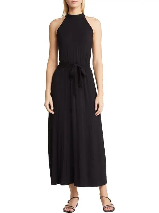 Loveappella Tie Waist Halter Maxi Dress - Black
