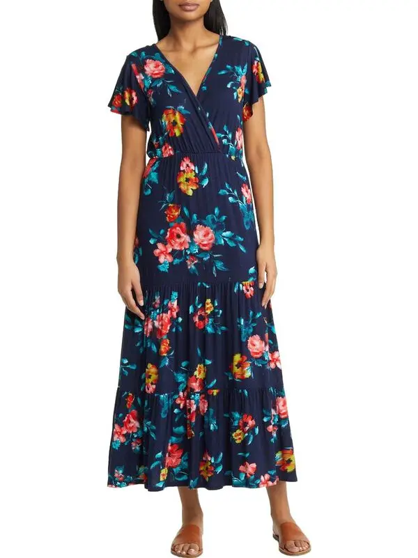 Loveappella Floral Tiered Faux Wrap Knit Maxi Dress - Navy/coral
