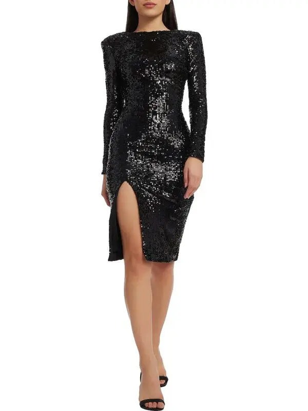 Dress The Population Natalie Sequin Long Sleeve Body-con Midi Dress - Jet Black Multi