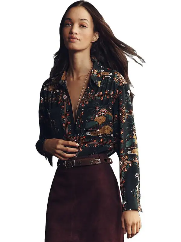 Anthropologie The Brielle Relaxed Buttondown Blouse - Black Blue