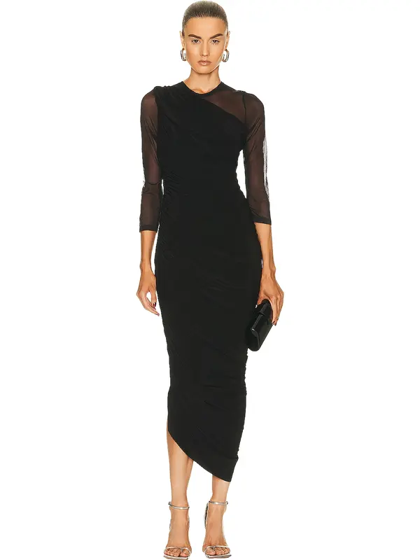 Norma Kamali Long Sleeve Diana Gown - Black & Black Mesh