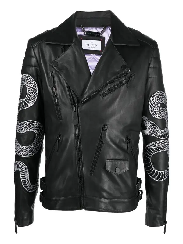 Philipp Plein Snake-print Biker Jacket - Black