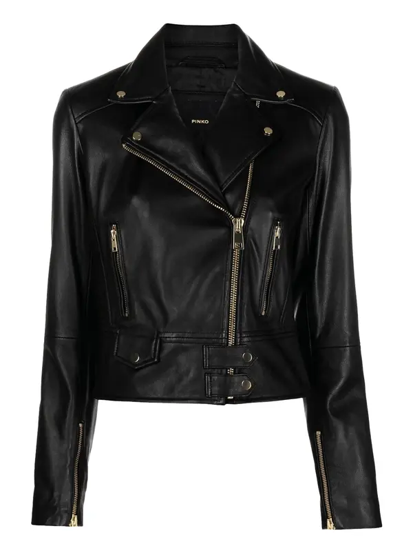 Pinko Cropped Leather Biker Jacket - Black