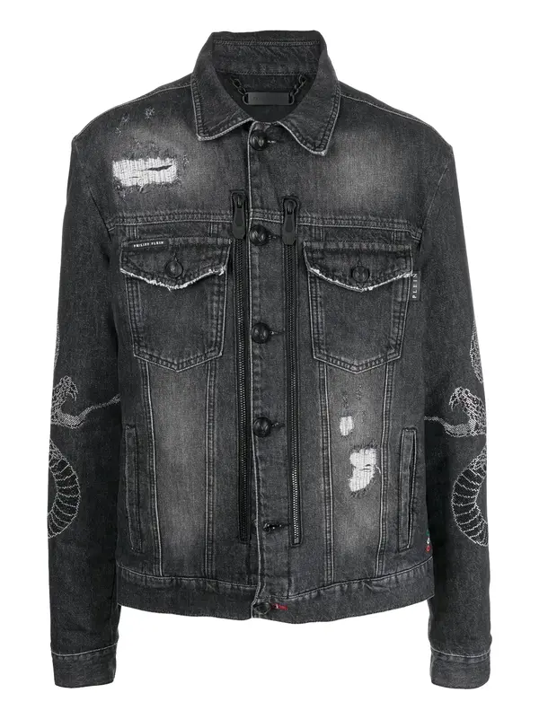 Philipp Plein Snake Denim Trucker Jacket - Grey