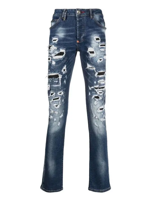 Philipp Plein Distressed Straight-leg Jeans - Blue