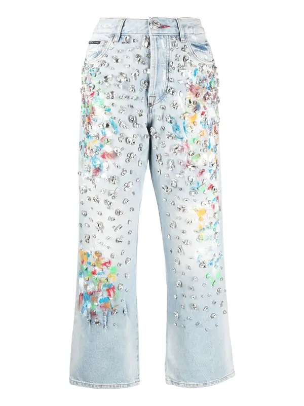Philipp Plein Cropped Rhinestone-embellished Jeans - Blue