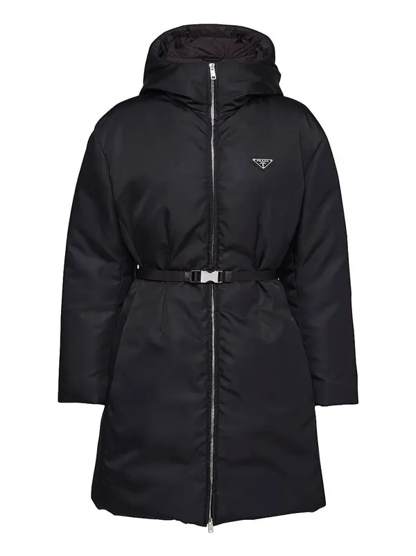 Prada Re-nylon Hooded Down Belted Jacket - Nero