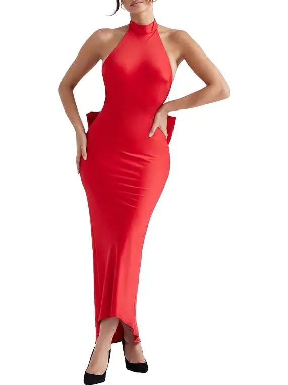 House Of Cb Backless Bow Halter Dress - Red