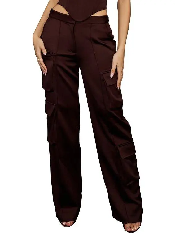 House Of Cb Daria Satin Cargo Trousers - Chocolate
