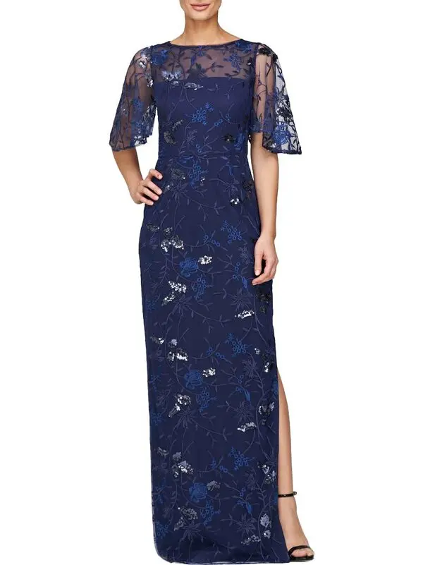 Js Collections Daphne Embroidered Sequin Gown - Sapphire Navy