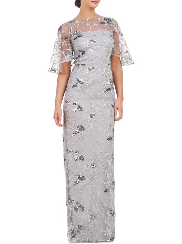 Js Collections Daphne Embroidered Sequin Gown - Silver