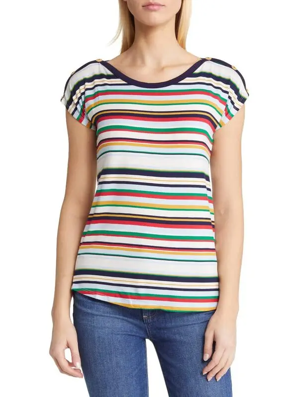 Loveappella Stripe Jersey T-shirt With Shoulder Buttons - Multistripe