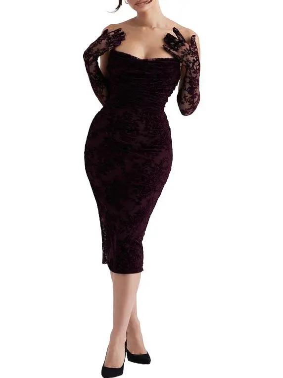 House Of Cb Strapless Corset Midi Dress With Gloves - Brown Cherry
