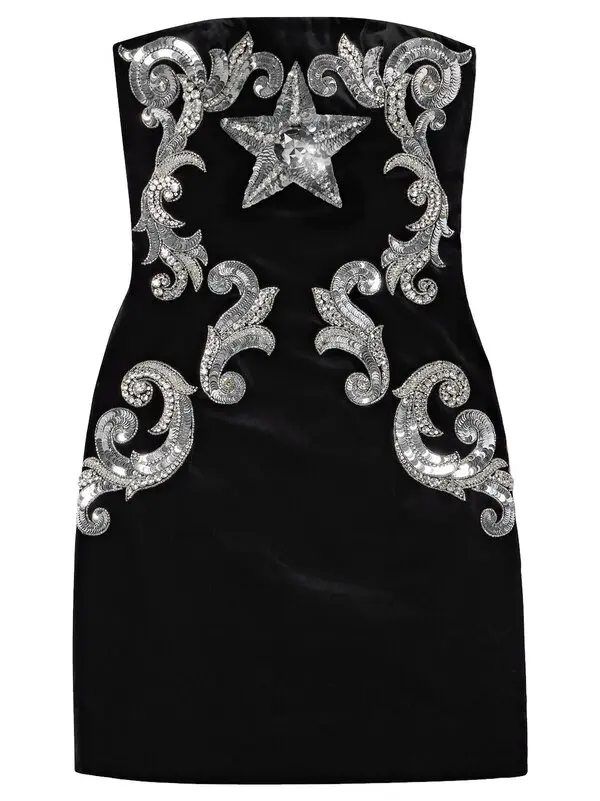 Balmain Strapless Embellished Cotton-velvet Mini Dress - Black