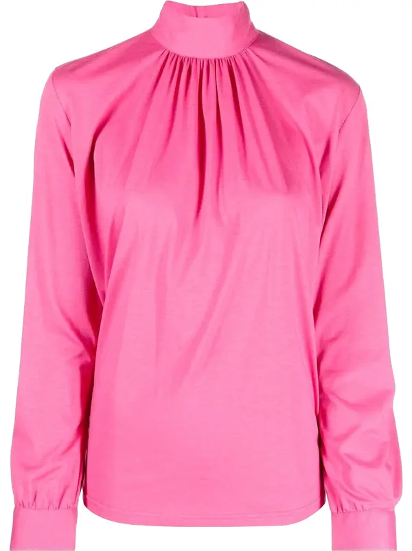 XACUS Gathered-detail High Neck Blouse - Pink