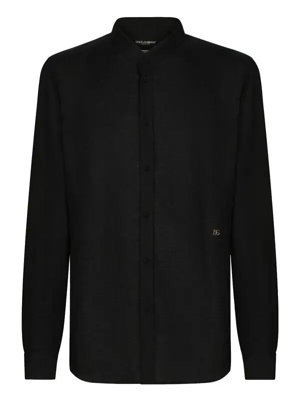 Dolce & Gabbana Martini-fit Logo-tag Linen Shirt - Black