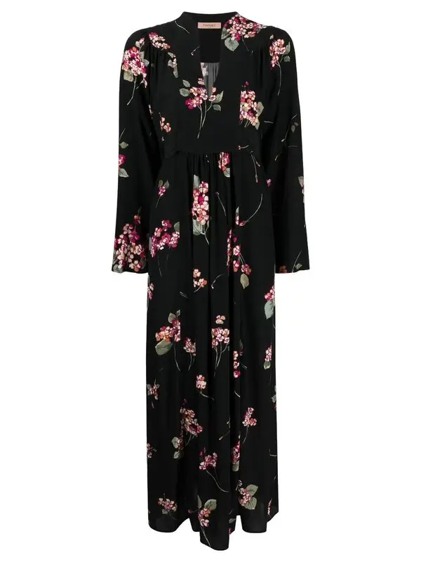 TWINSET Floral-print V-neck Midi Dress - Black