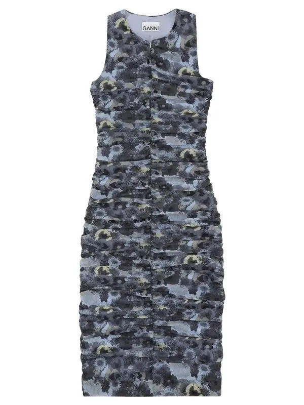 GANNI Printed Ruched Mesh Midi Dress - Blue