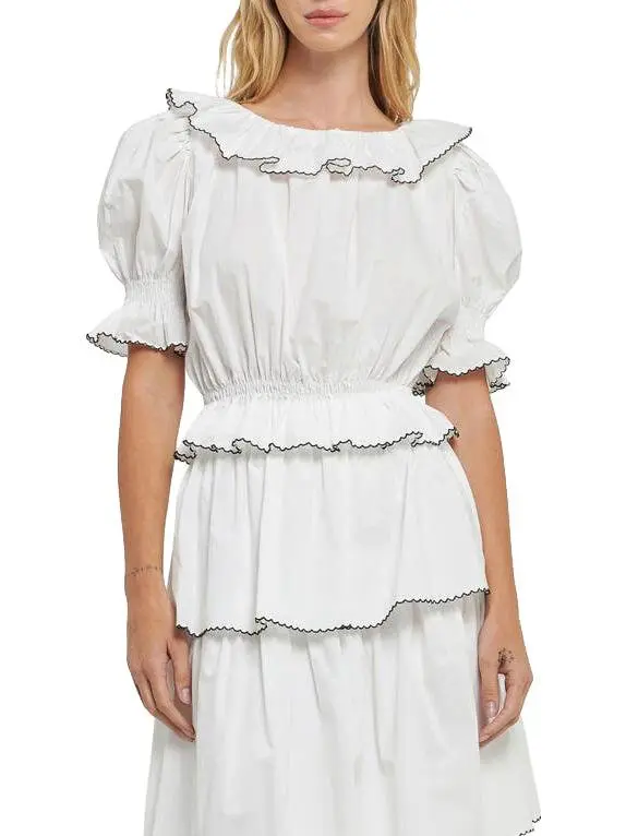 English Factory Picot Stitch Ruffle Poplin Top - Off White