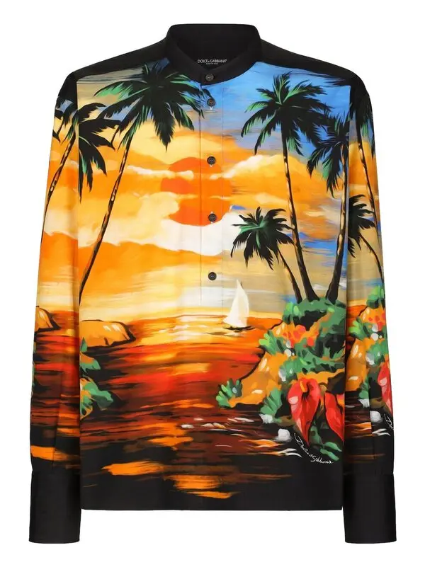 Dolce & Gabbana Sunset-print Collarless Shirt - Black