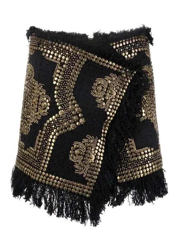 Balmain All Over Studded Embroidered Tweed Skirt - Black