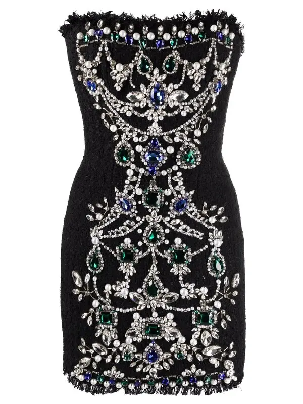 Balmain Jeweled Bustier Tweed Dress - Black