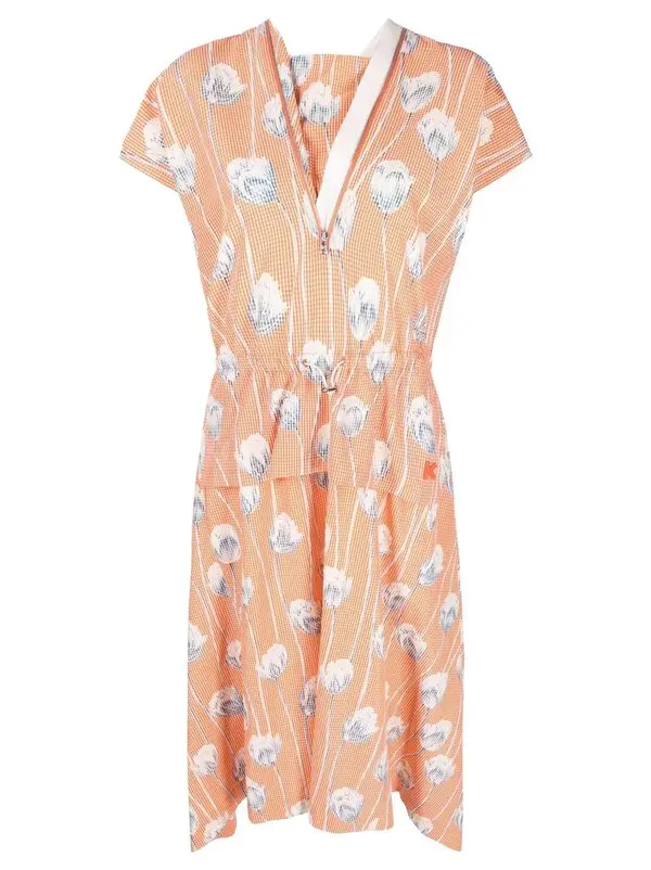 Kenzo Graphic-floral Print Gingham Midi Dress - Orange